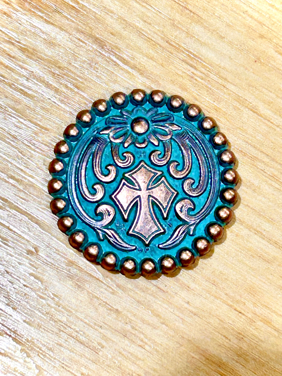 1.25” Copper Patina Cross concho – High Desert Conchos