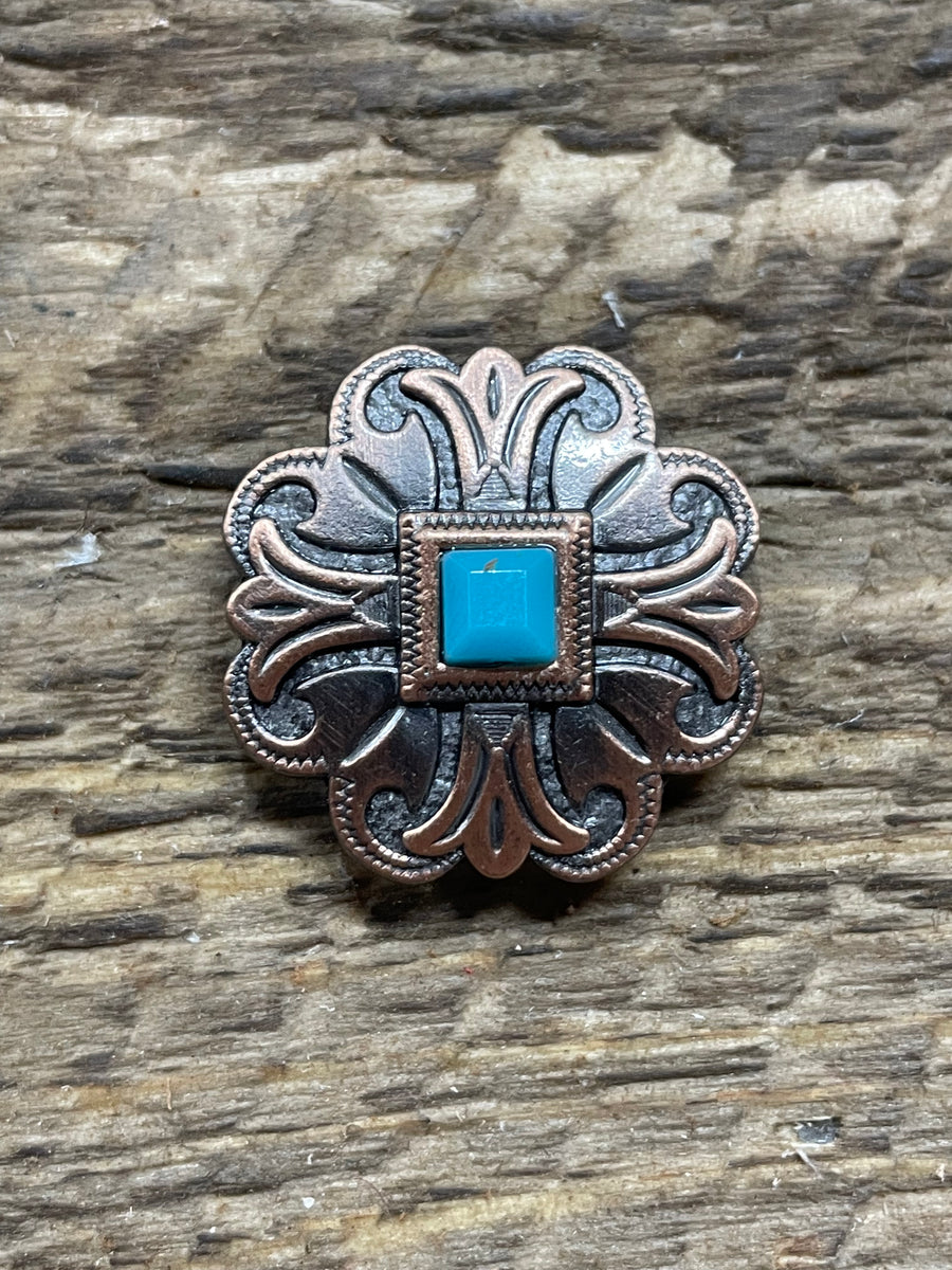 1” copper floral Concho with turquoise color stone – High Desert Conchos