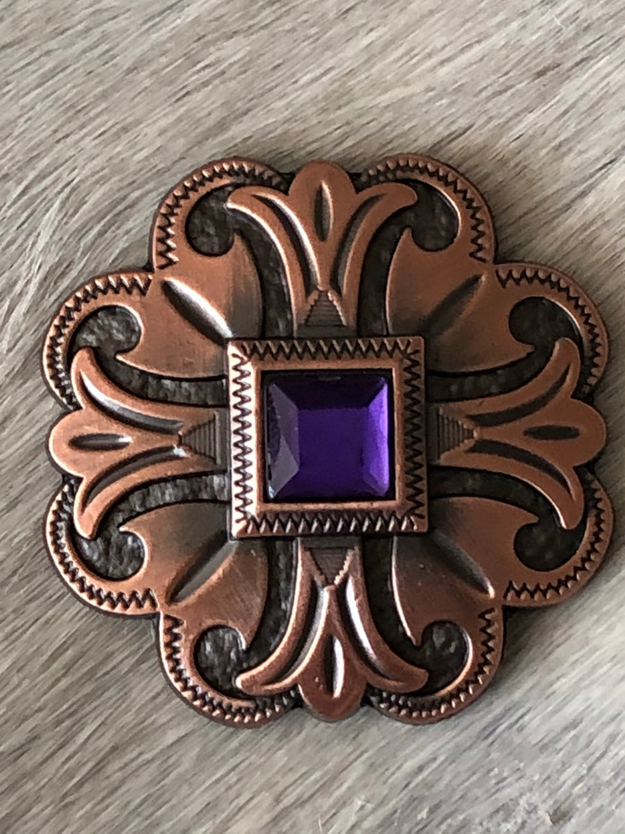1.5” copper floral concho with purple stone – High Desert Conchos