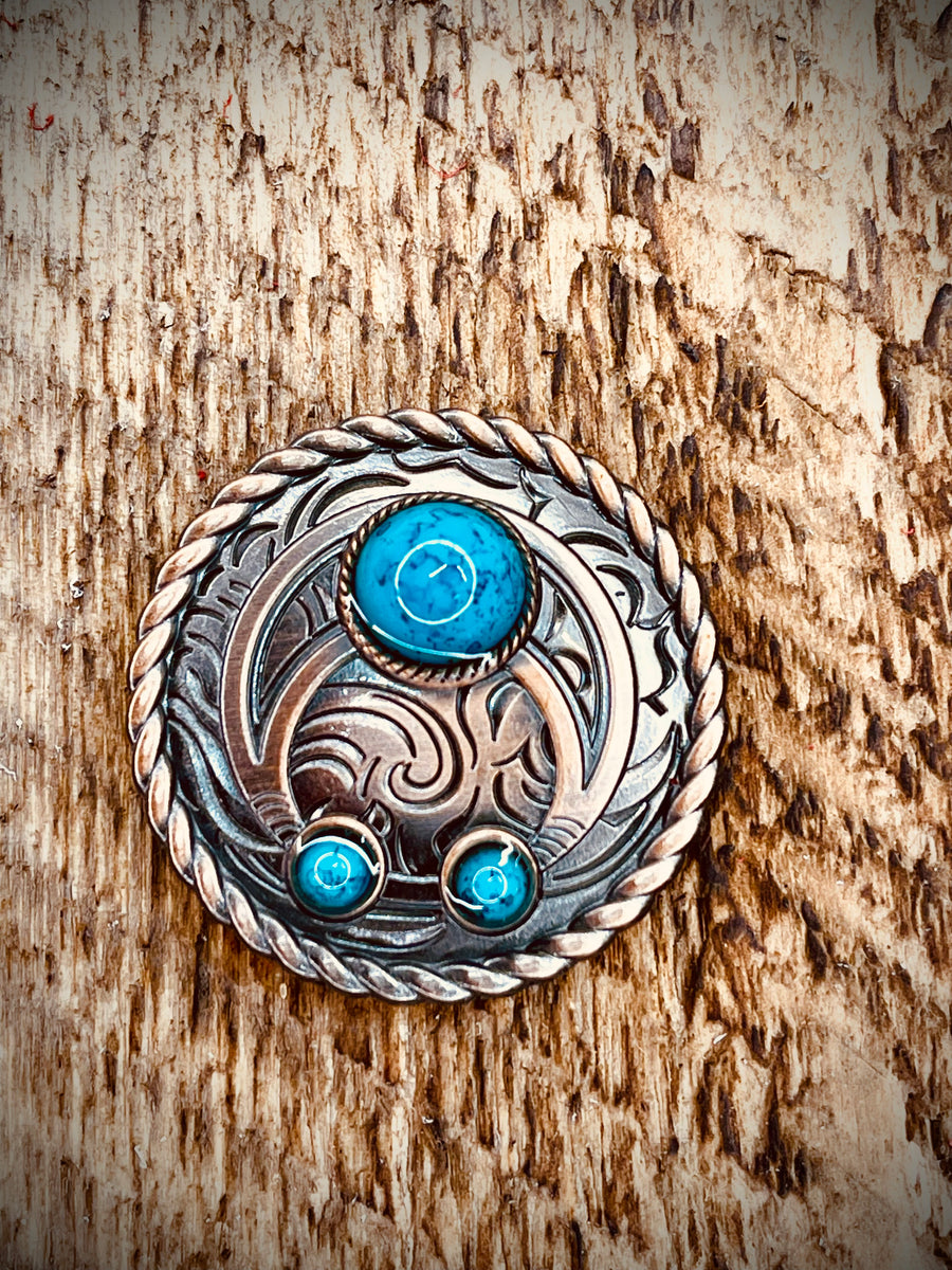 1.5" Antique Copper Squash Blossom Concho with turquoise stones – High ...