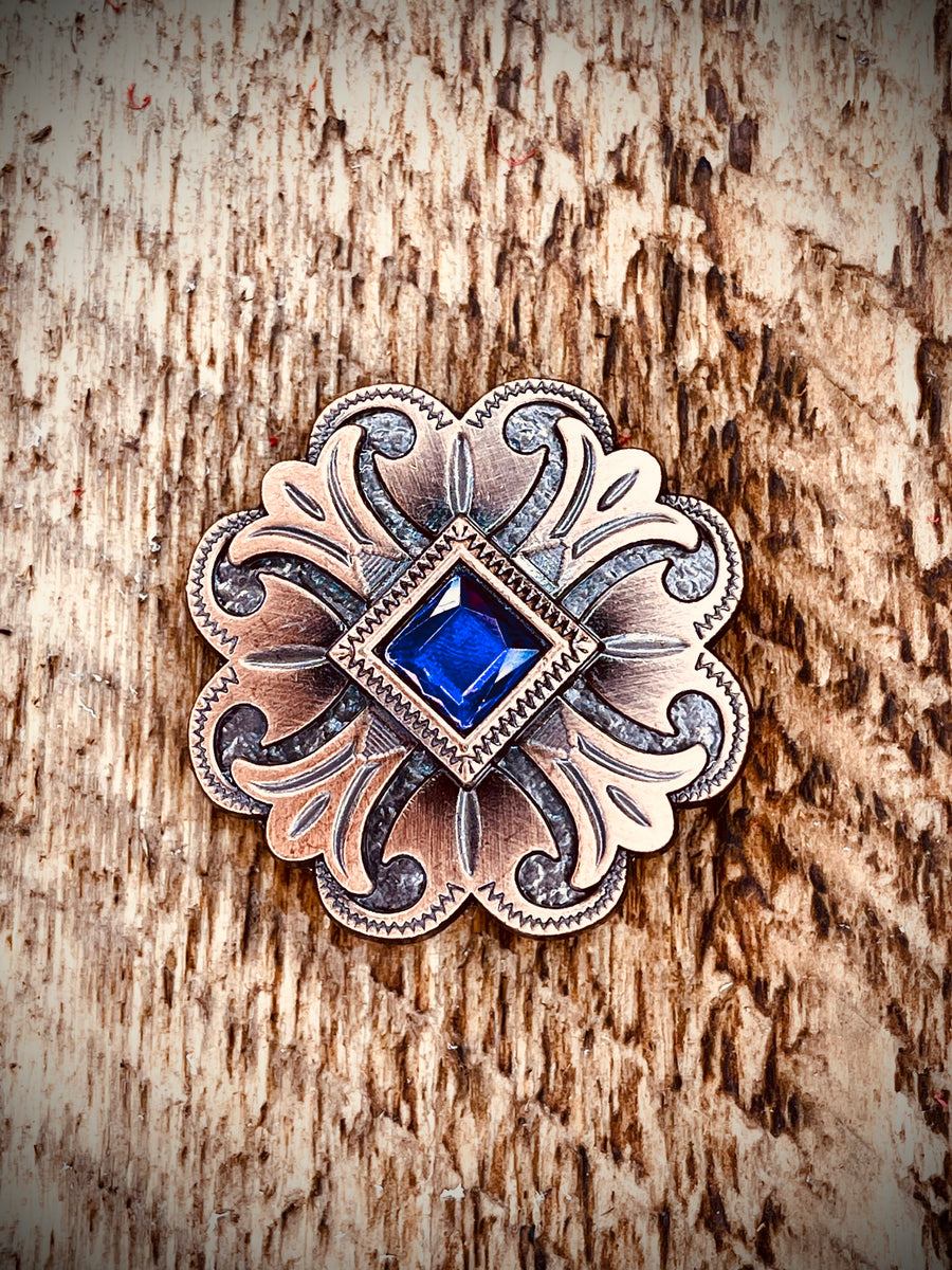 1.5" Copper Floral Concho with Royal Blue Stones – High Desert Conchos