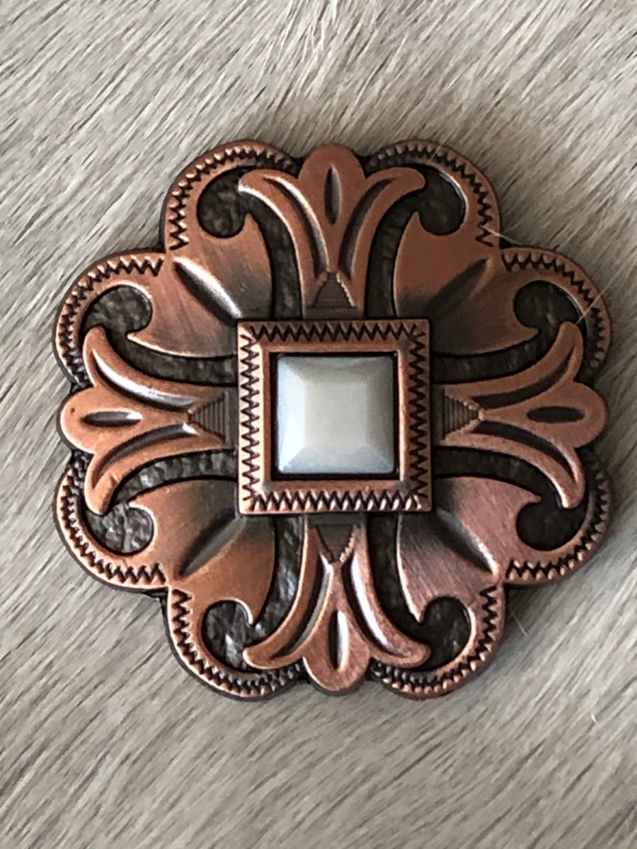 1.5” copper floral concho with white stone – High Desert Conchos