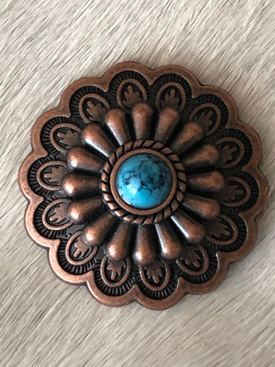 1.5” copper scalloped concho with turquoise stone – High Desert Conchos