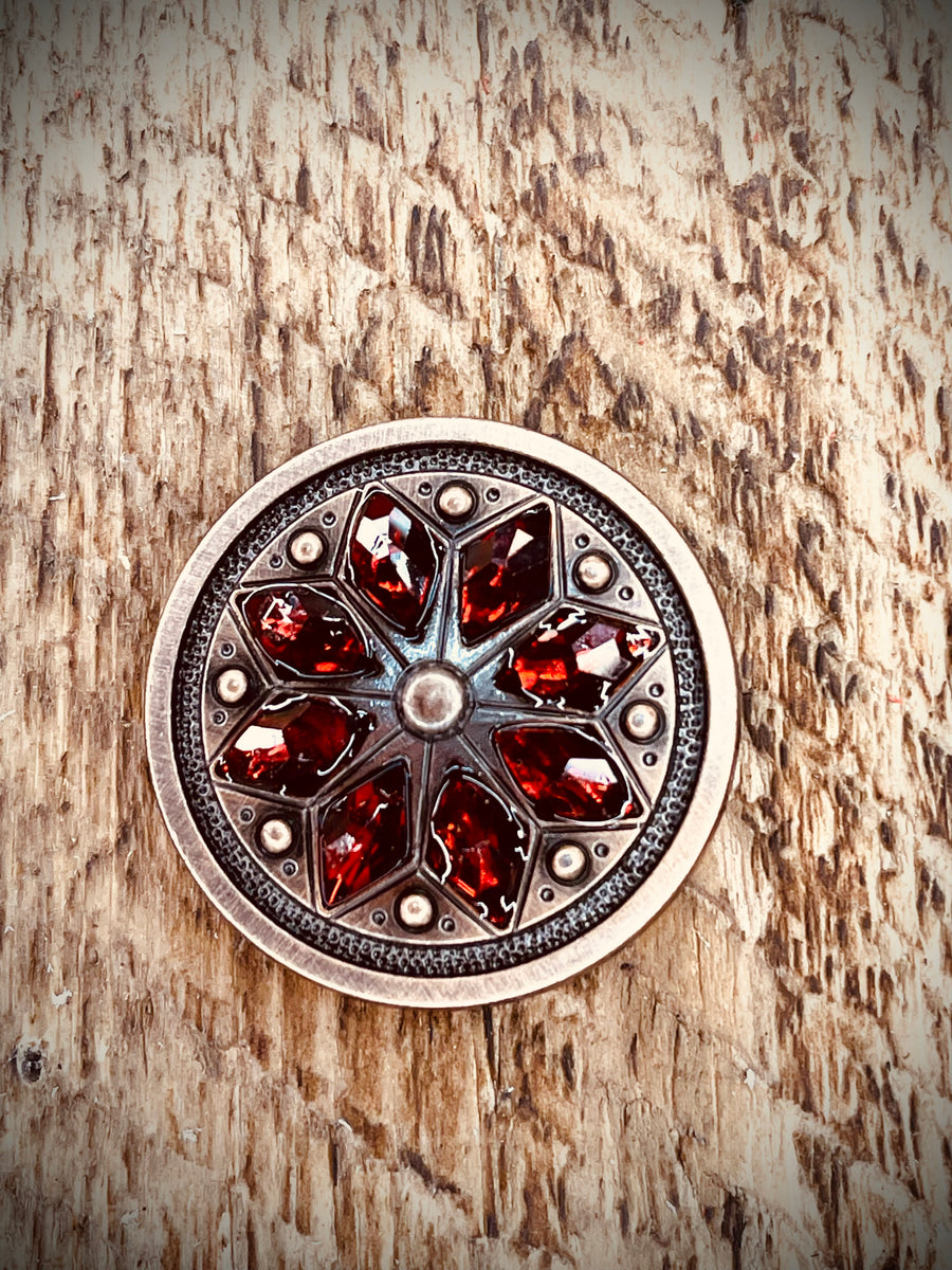 1.5" Copper Cactus Flower Concho with Garnet Stones – High Desert Conchos